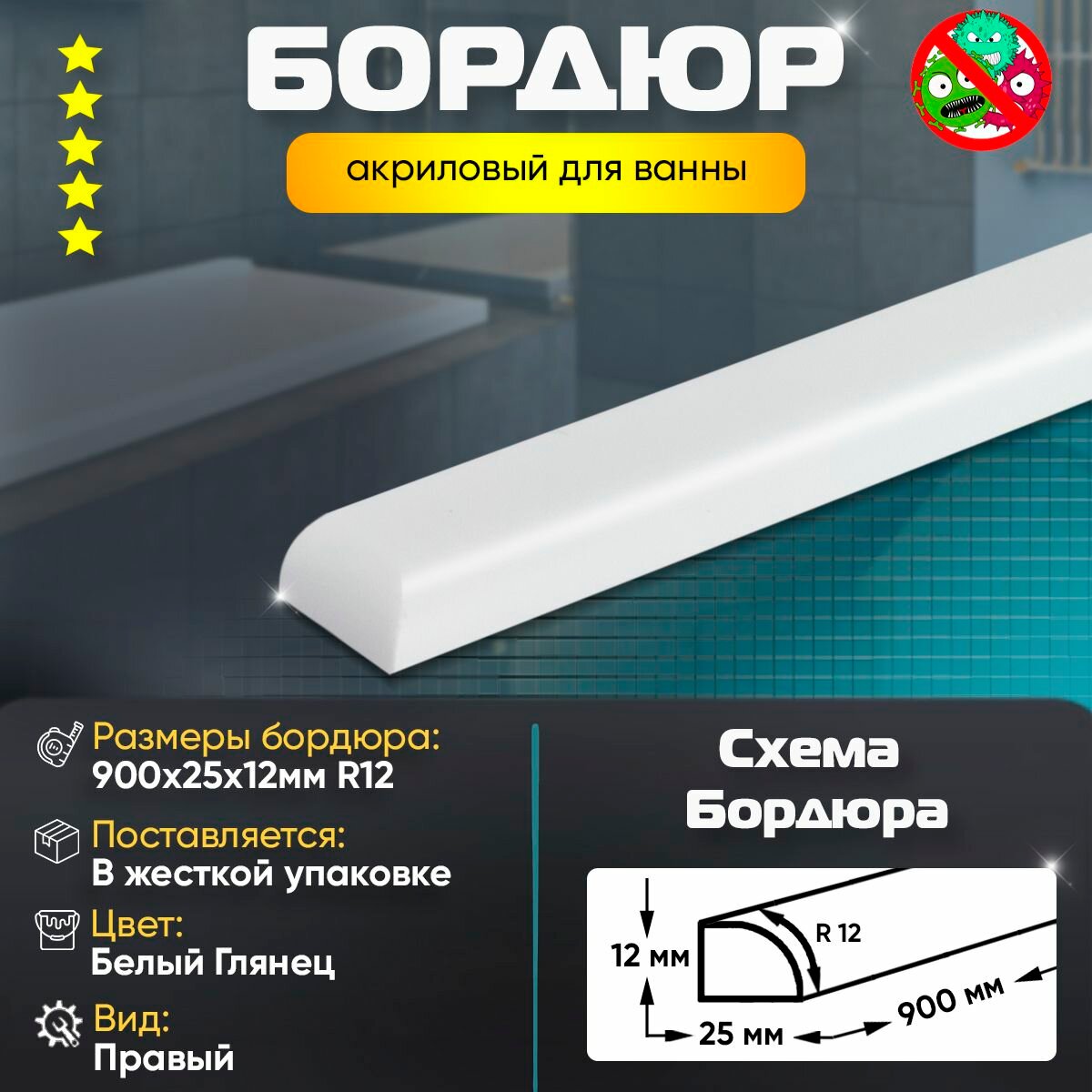 Плинтус бордюр акриловый для ванной комнаты радиус R12 12х25х900 правый белый глянец