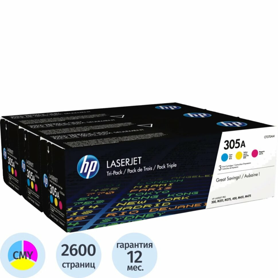 Картридж лазерный HP 305A CF370AM CMY для CLJ M351/M451/M375/M475(3шт/уп), 324521