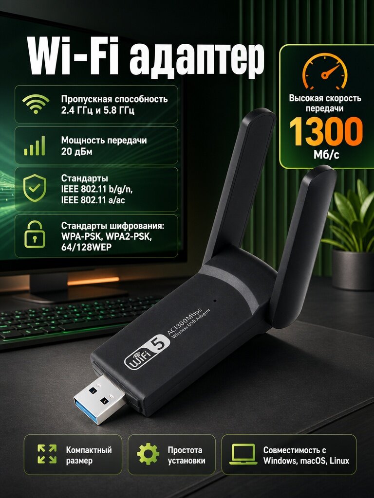 Wi-Fi-адаптер RX AC1300, USB 3.0, 1300Mb/s, 2 антенны, черный