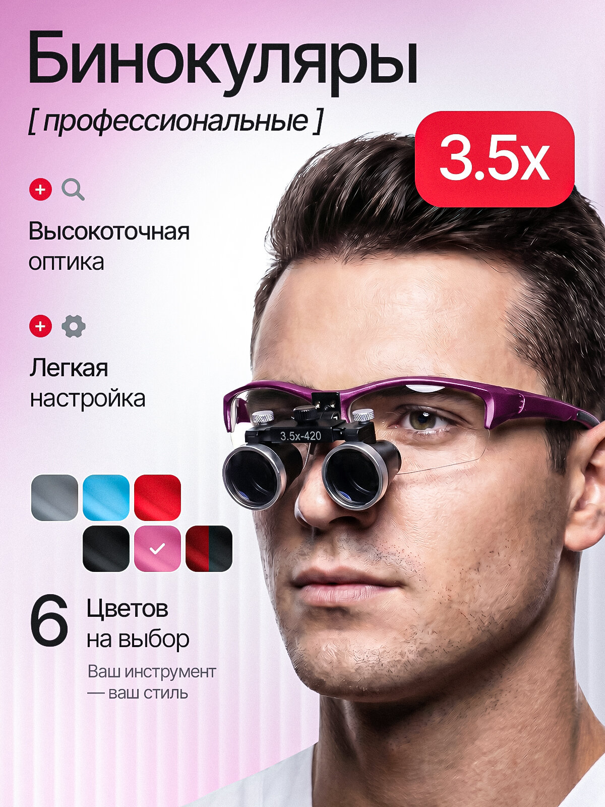 Лупа очки бинокулярные для стоматолога, ювелира 3.5х, глубина обзора 90 мм