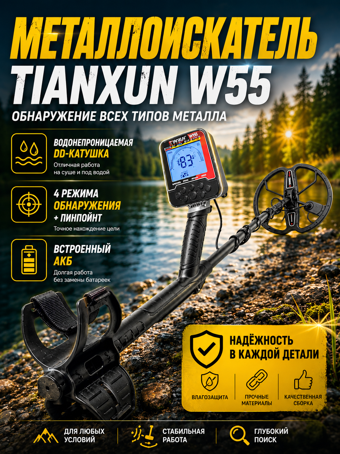 Металлоискатель Tianxun W55 RU водонепроницаемый IP68, встроенный аккумулятор 1500 mAh и 4 режима поиска