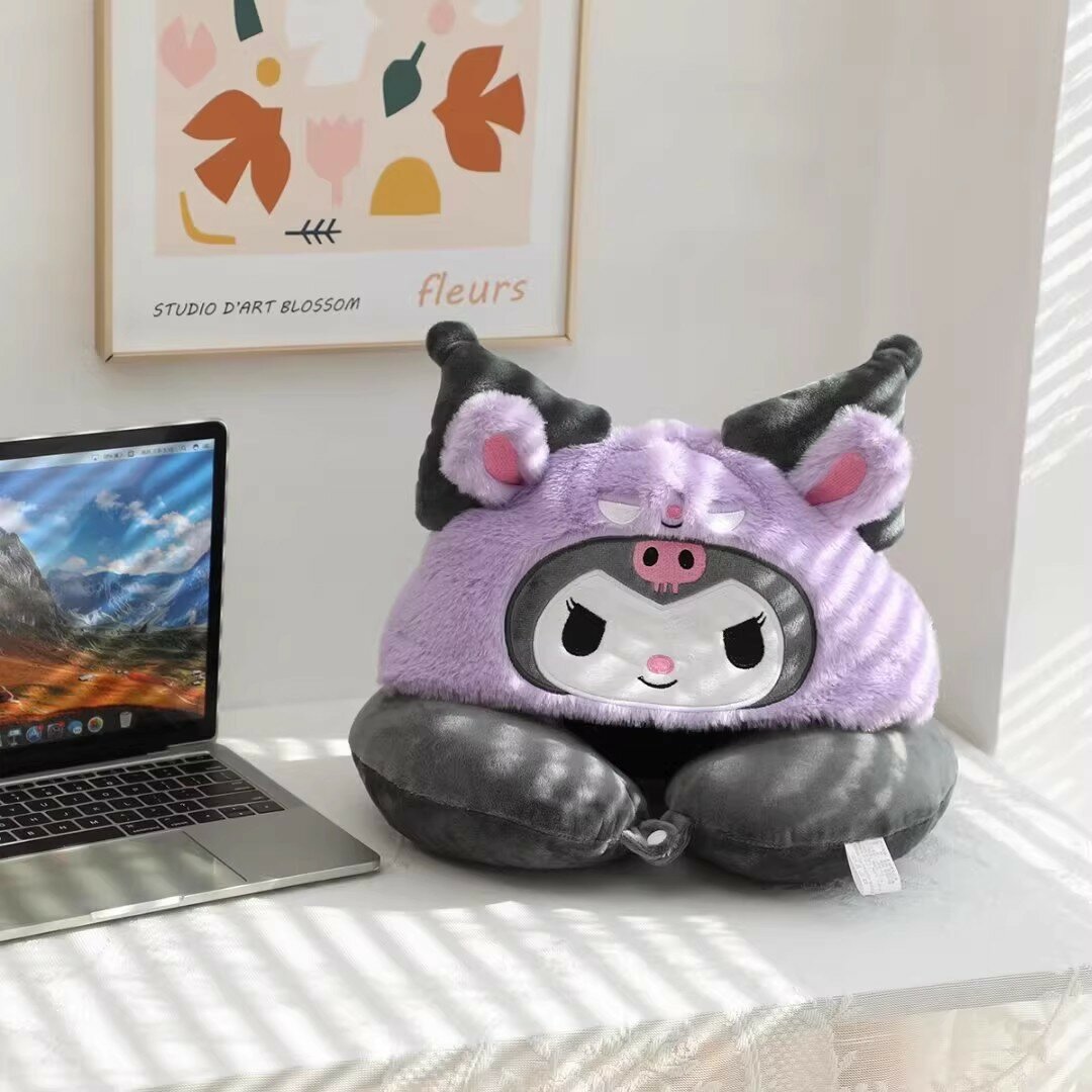 Мягкая плюшевая подушка с капюшоном Kuromi, U-образная подушка для поддержки шеи, портативная подушка для путешествий