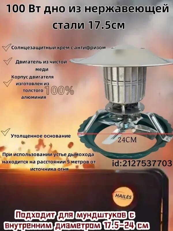 Вытяжной вентилятор 100Вт, 220В, диаметр 17.5-24см, корпус из толстого алюминия, двигатель из чистой меди