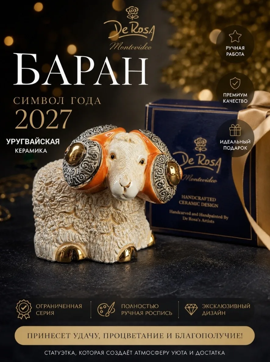 De Rosa Символ года 2027 Баран цвет белый. Керамика, ручная роспись, поталь золото