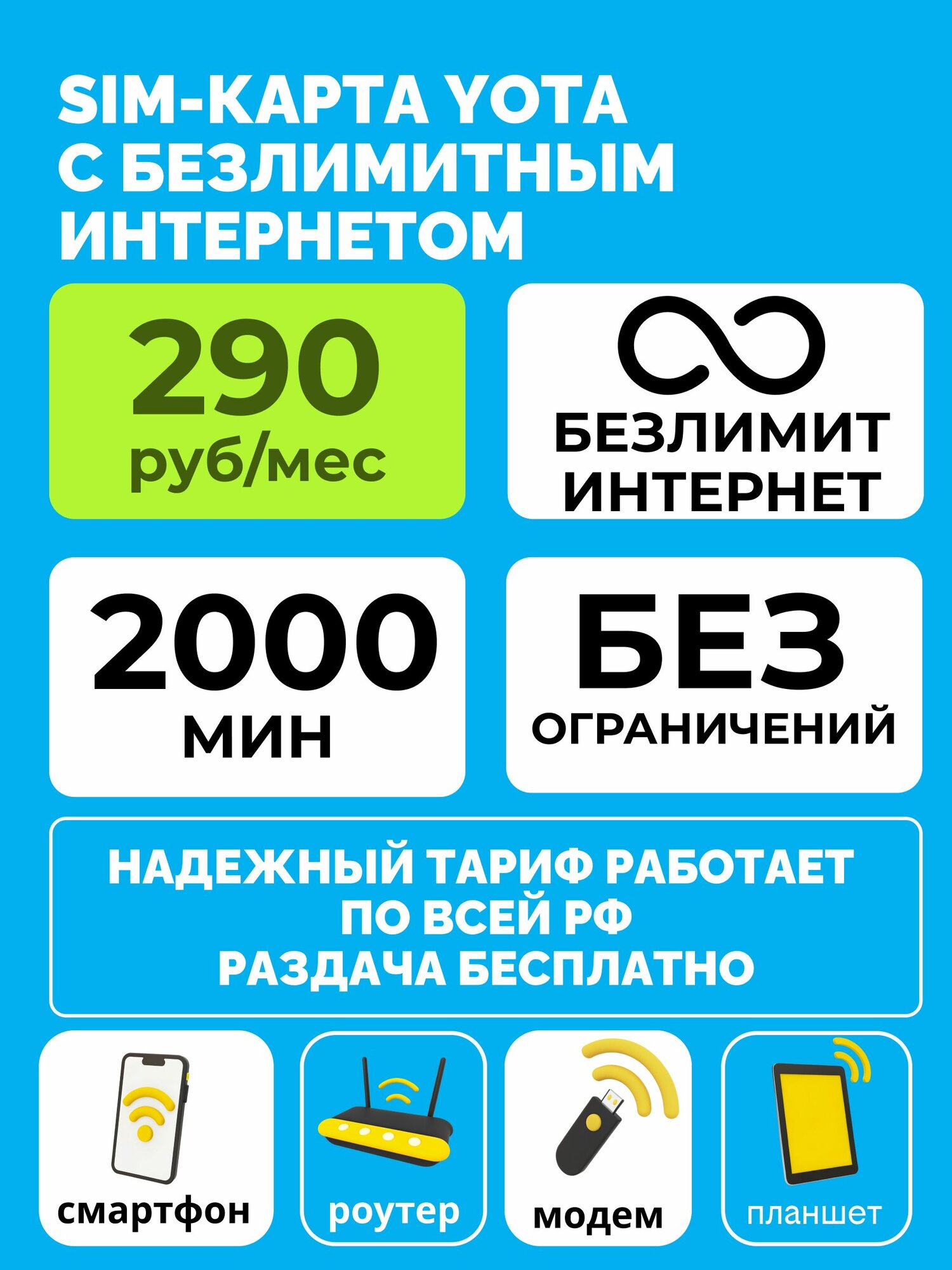 SIM-карта Yota безлимитный интернет для модема, роутера, смартфона, планшета, камер 4G наблюдения, GSM-трекеров, умных устройств. Ограниченное количество! Есть переход со своим номером