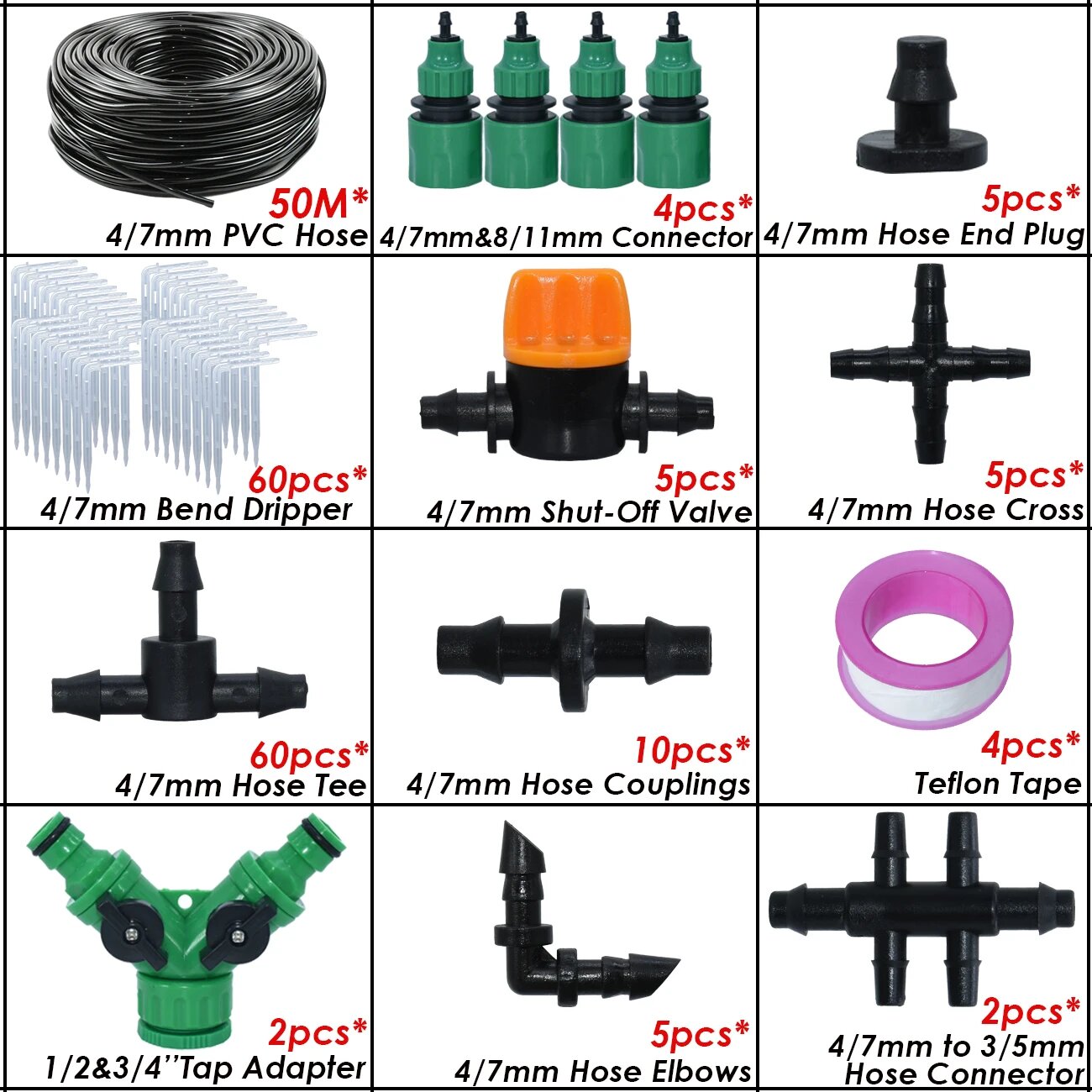 Комплект для капельного орошения KESLA 1/4 дюйма Черный, KSL01-KIT355-50M-A