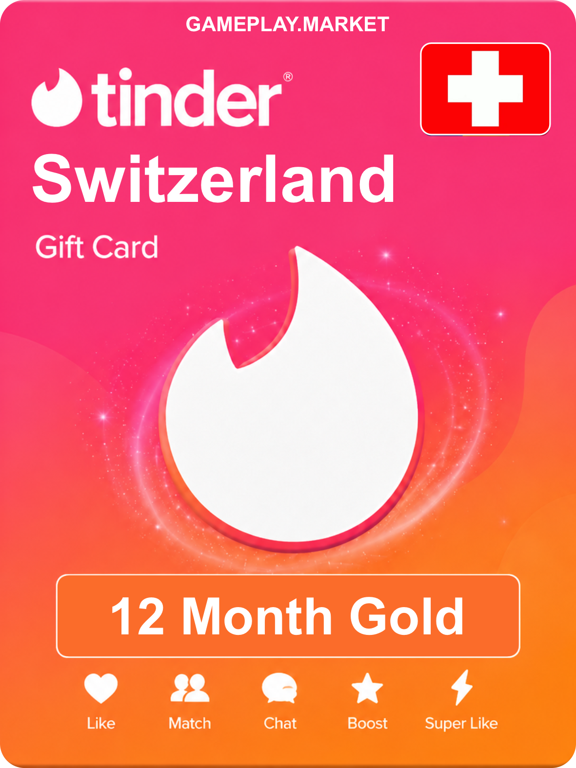 Подарочная карта Tinder Gold 12 месяцев подписки / Для аккаунта Швейцарии / Оригинальный цифровой код