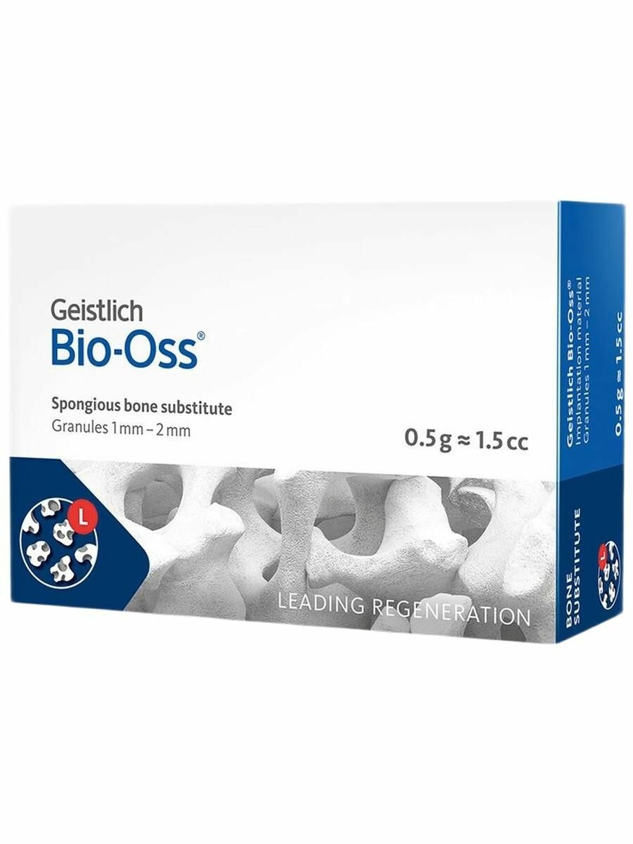 Костный материал Bio-Oss spongiosa, 0,5 г, гранулы 1-2 мм, размер L, натуральный костнозамещающий материал.