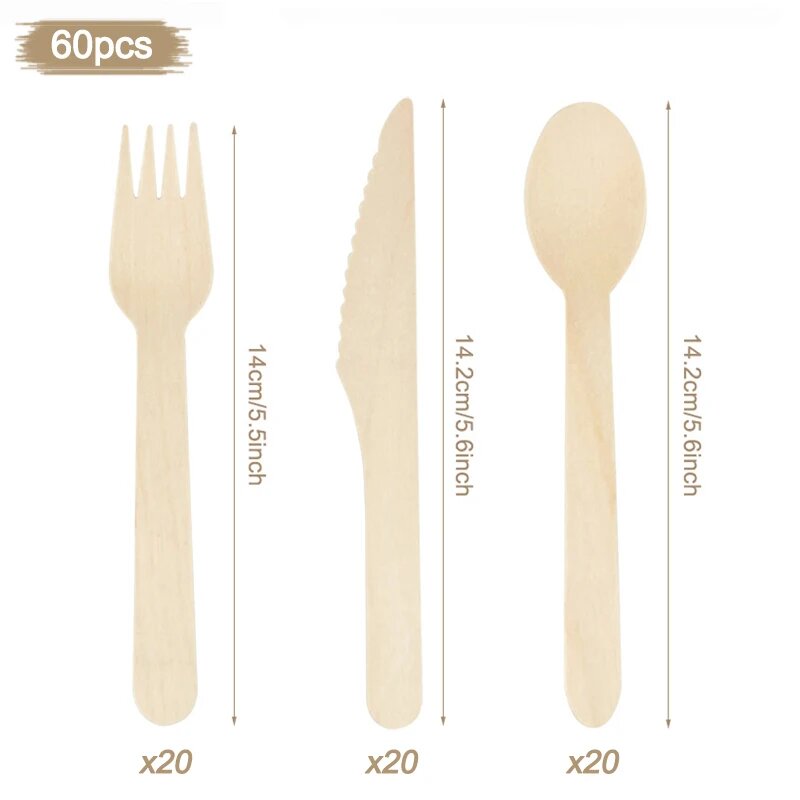 Одноразовый деревянный набор столовых приборов ZQNYCY 60pcs-set-14cm