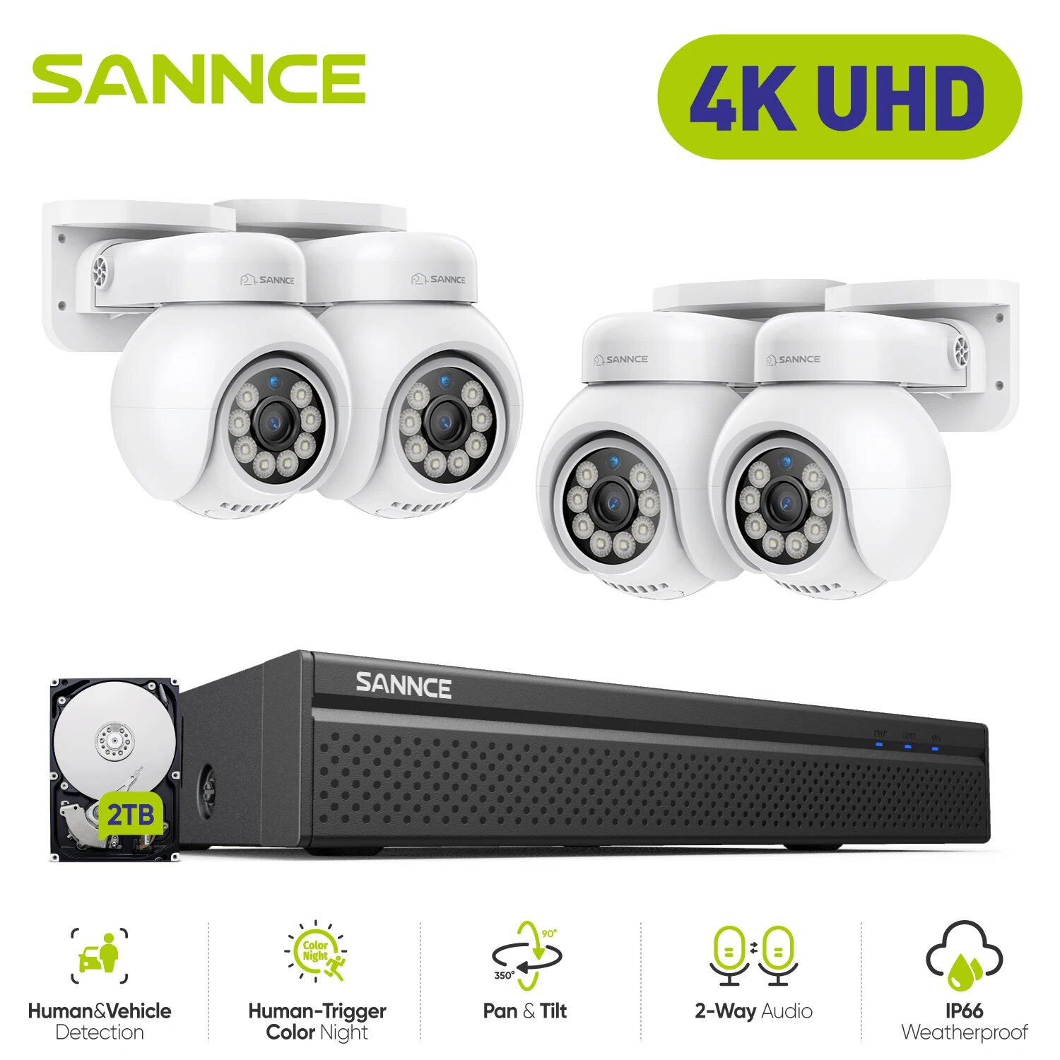 Система видеонаблюдения SANNCE с 8 каналами и 4K PoE PT, 4 IP-камеры с возможностью панорамирования и наклона, интеллектуальная детекция людей/транспорта, двухсторонний аудио, комплект для наблюдения