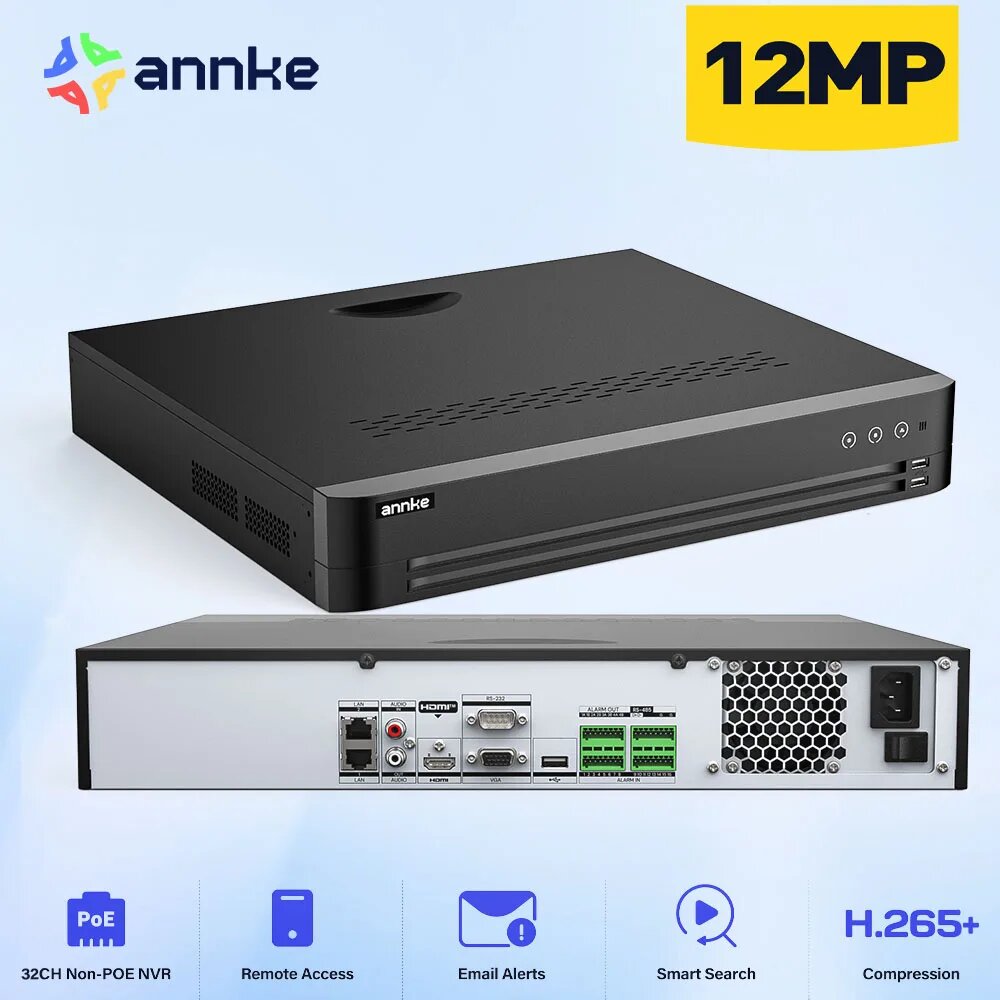 Запись видеосистемы ANNKE 32CH 12MP NVR с ИИ-обнаружением лиц и движения, IP-камера Onvif H.265 8MP, система видеонаблюдения CCTV, сеть P2P, портов POE нет