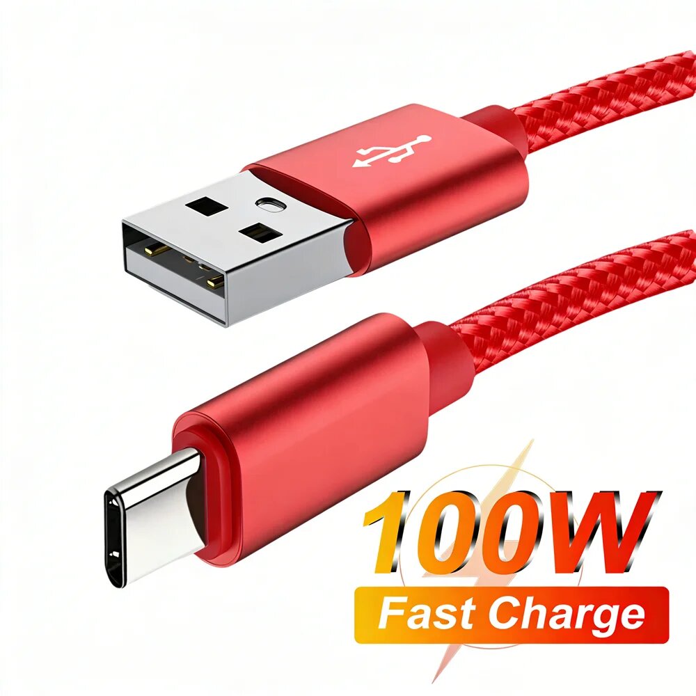 Красный кабель USB Type-C 2m, 100W Fast Charge