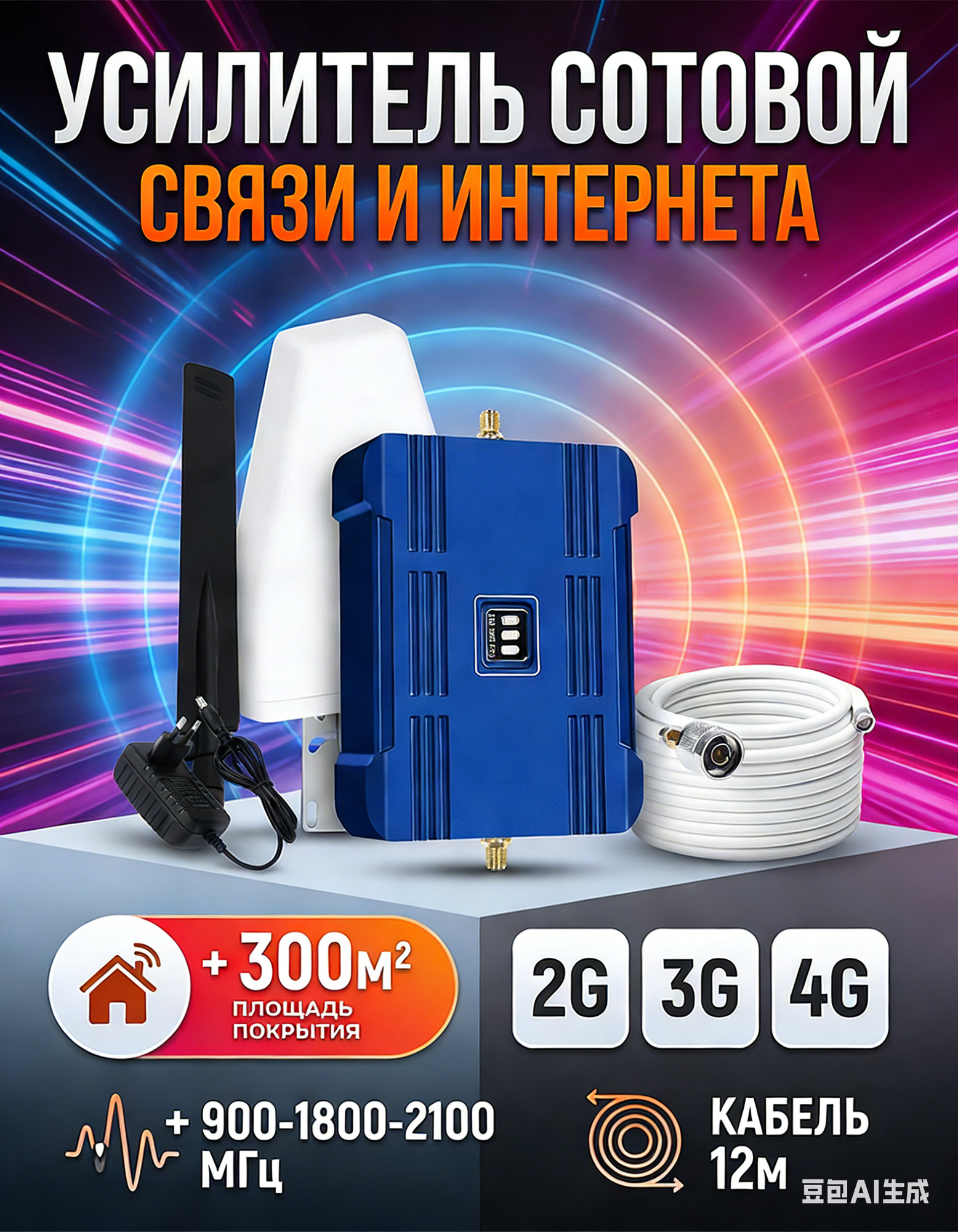 Усилитель сотовой связи 900/1800/2100 МГц (2G/3G/4G): до 70 км, направленный, синий, 1.3 кг