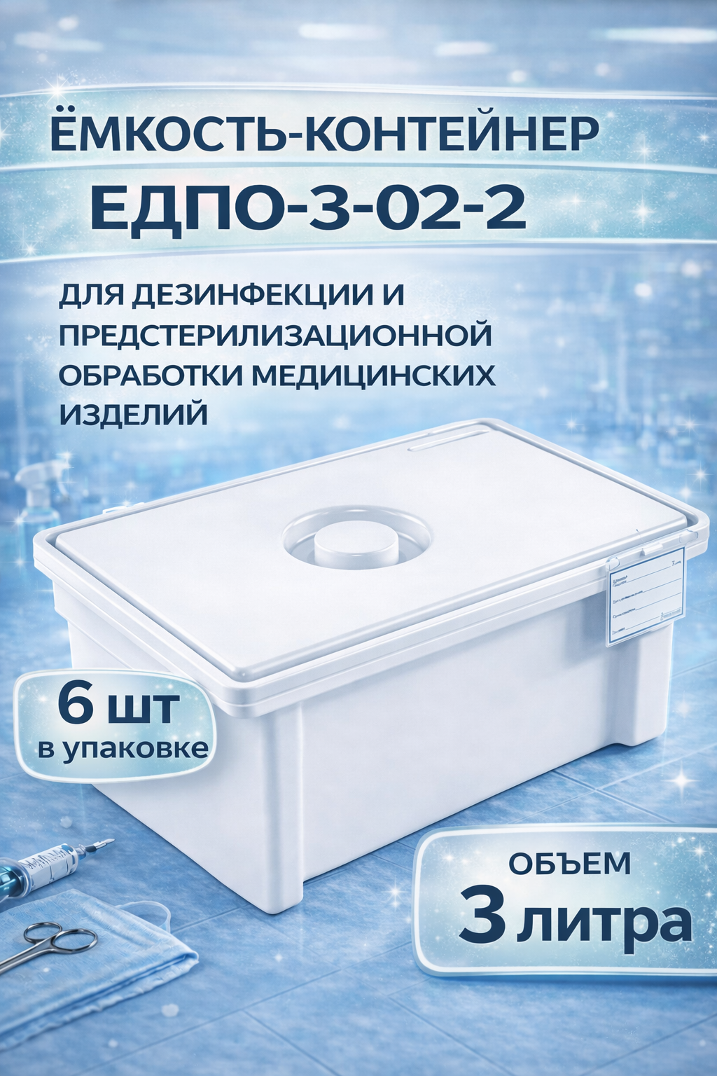 ЕДПО-3-02-2/короб Емкость-контейнер полимерный для дезинфекции 3 литра Еламед/ упаковка- 6 штук