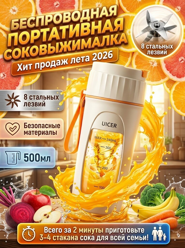 Портативный блендер GROOVIER, беспроводной, для смузи и коктейлей, синий
