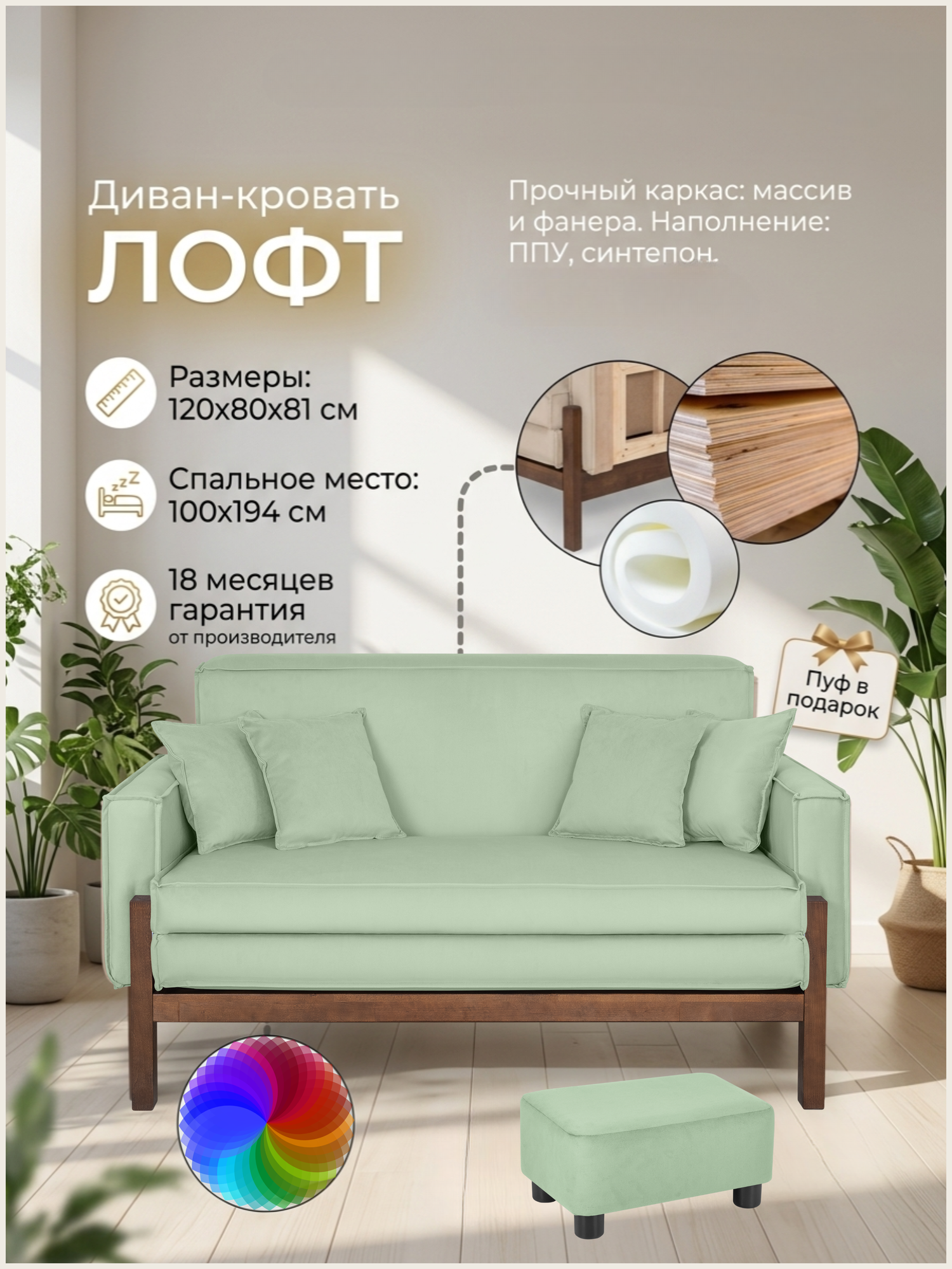 Диван-кровать лофт, прямой, 120х80х81, спальное 100*194, велюр мятный, Велутто 14
