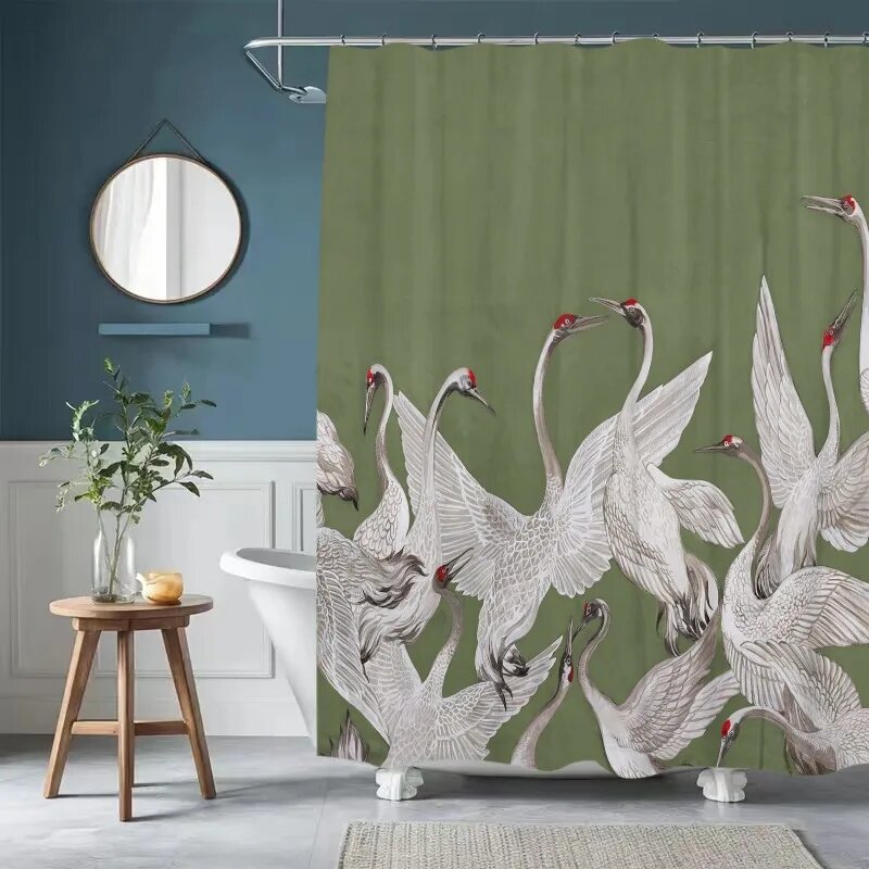 Зеленый фон белый журавль занавеска для душа 240x180CM, BH-260105029