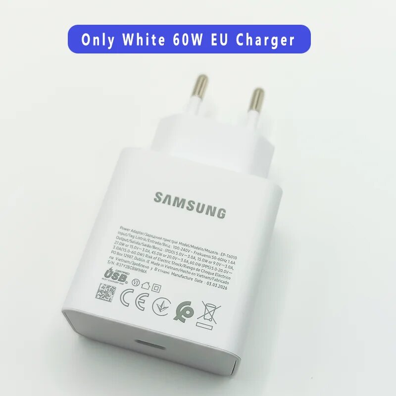 Оригинальное зарядное устройство SAMSUNG 60W PD с вилкой EU для S26 Белый, White 60W EU Charger