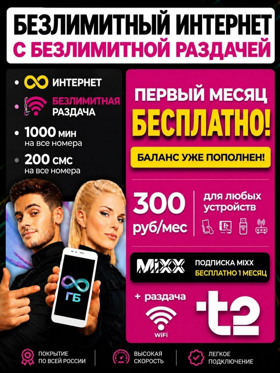 Сим карта T2 безлимитный интернет и раздача для роутера, модема, камер видеонаблюдения Симка t2 1000 минут и 200 SMS по всей России. Тариф T2 "Партнер М" 300 р/мес.