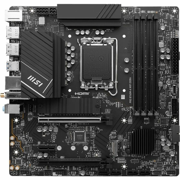 Материнская плата MSI PRO B760M-A WIFI DDR4, LGA 1700, Intel B760, 4xDDR4, 4xSATA, 2xM.2, 1xPCI-E 4.0 x16, 1xPCI-E 4.0 x4, 1xPCI-E x1, 2xHDMI, 2xDP