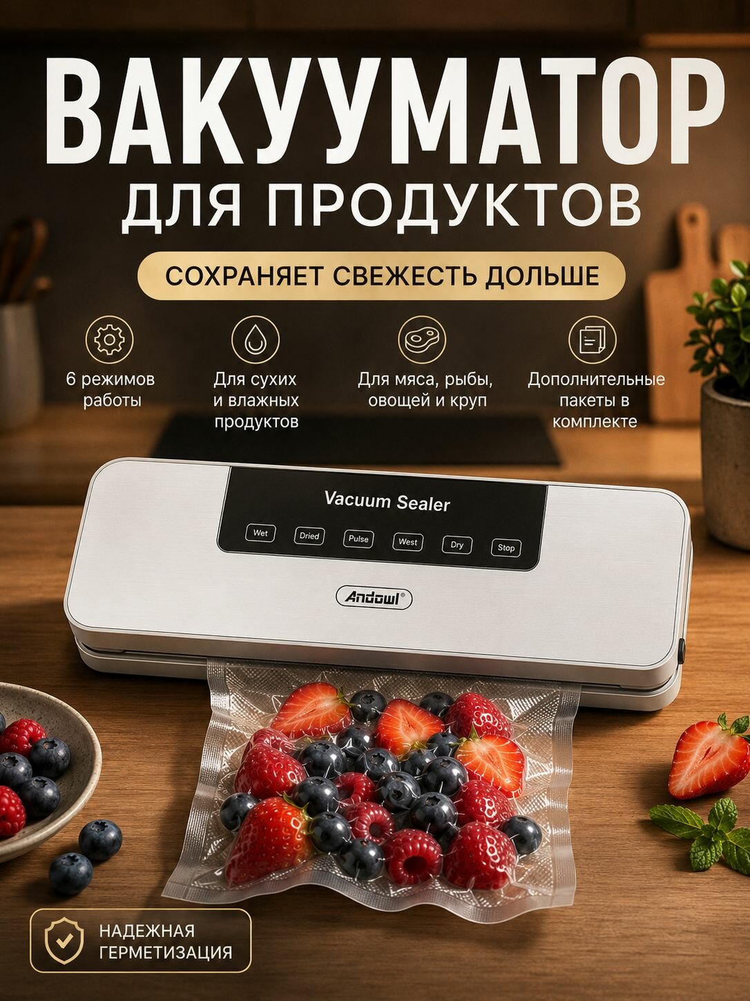 Вакууматор для продуктов с пакетами и резаком / вакуумный упаковщик