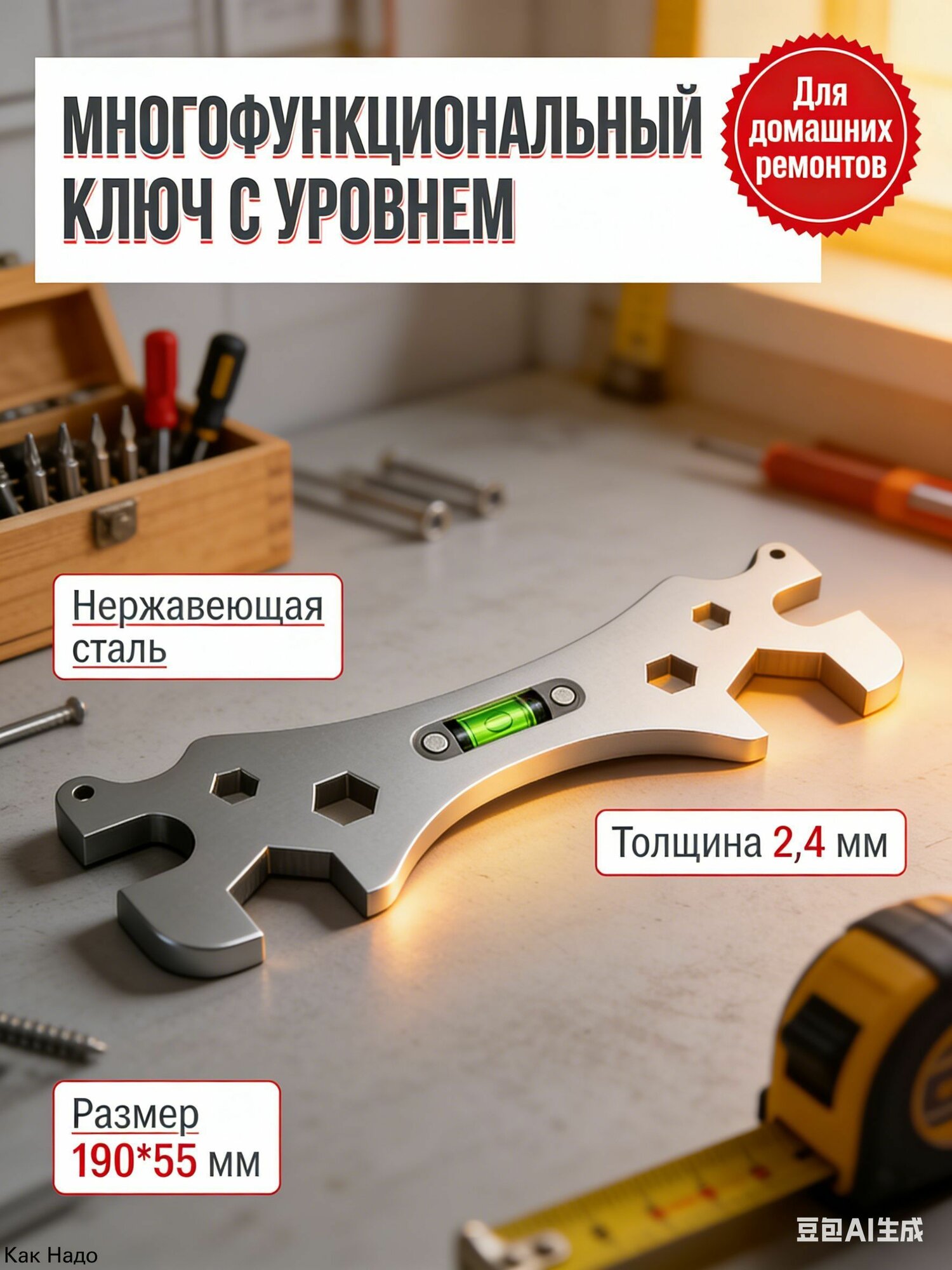 Универсальный гаечный ключ для ванной и кухни, ключ для установки смесителя с водяным уровнем, нержавейка, 15 в 1