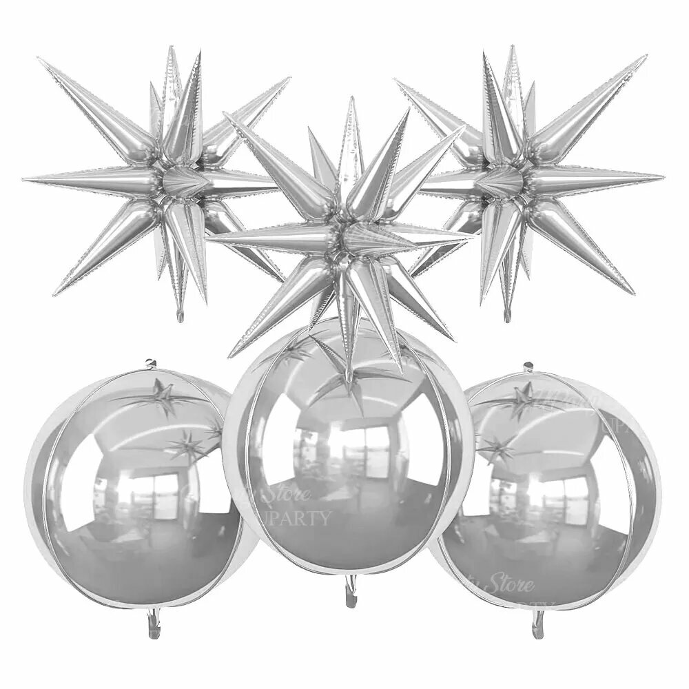 6 шт. Золотые фольгированные шары Globo Starburst 22 дюйма Серебряный, Silver