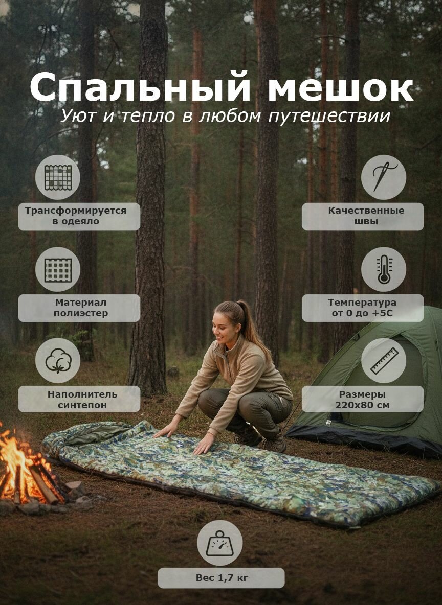 Спальный мешок одеяло LeaderLand 220х80 +5 1,5 кг камуфляж