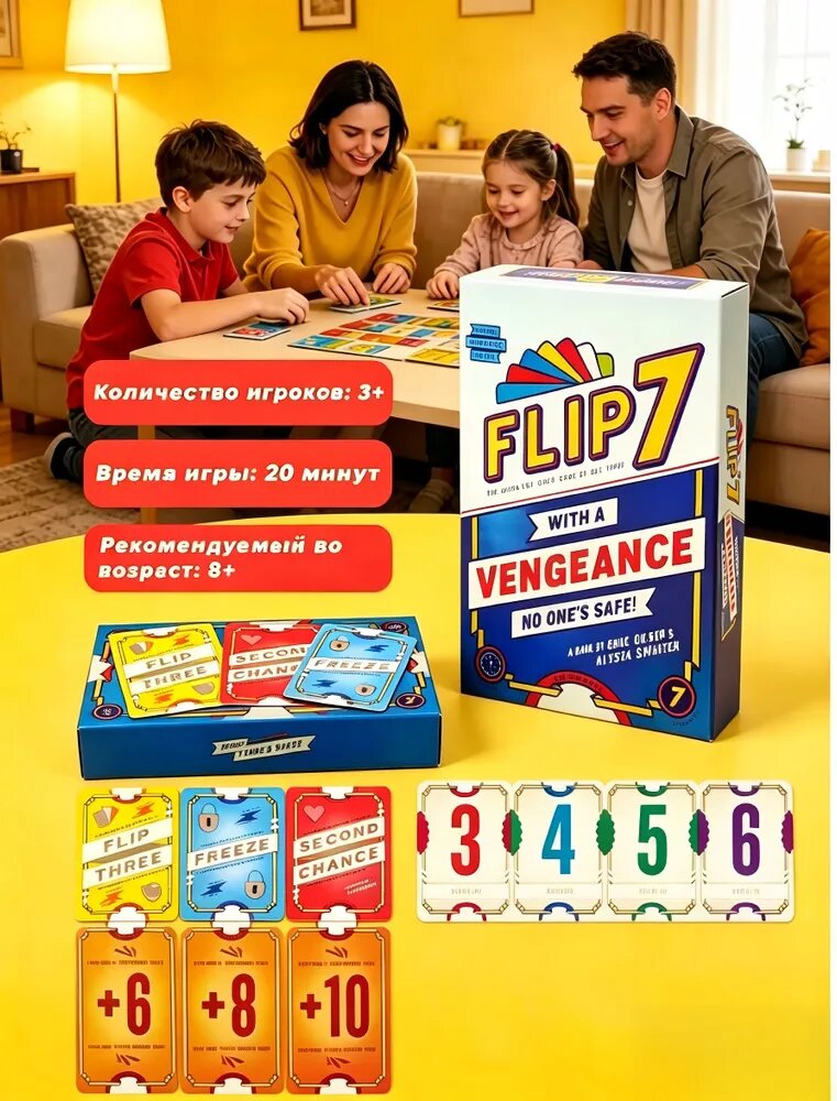 Настольная игра "Flip7 Классическая" "Flip 7: With A Vengeance": весёлая вечеринка, простые правила, бесконечный праздник, подарок