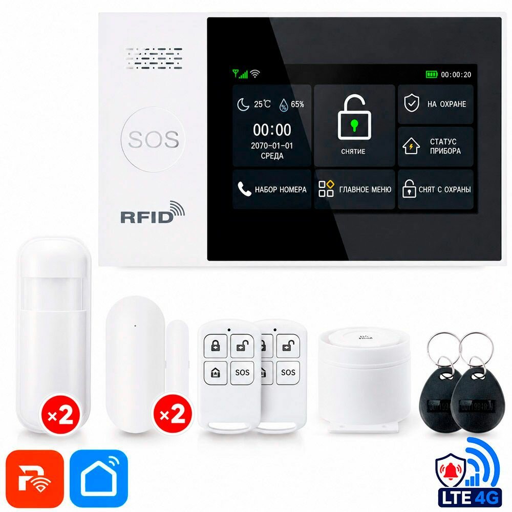 Комплект охранной GSM/WIFI сигнализации Ps-Link KIT-WG107-4G-4 сенсорный экран, брелки управления, датчики движения и открытия, мощная сирена, до 99 датчиков