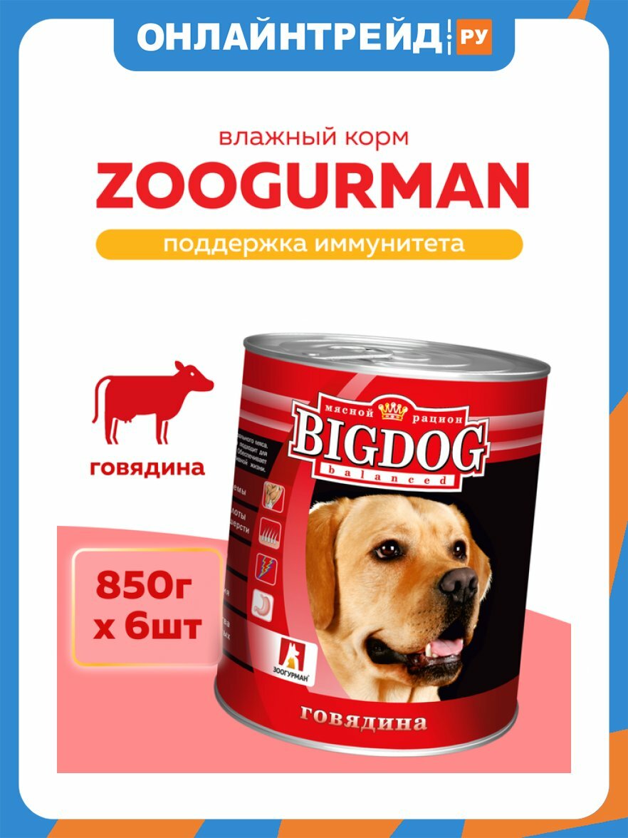 Корм влажный Зоогурман Big Dog говядина для взрослых собак, 6шт х 850г