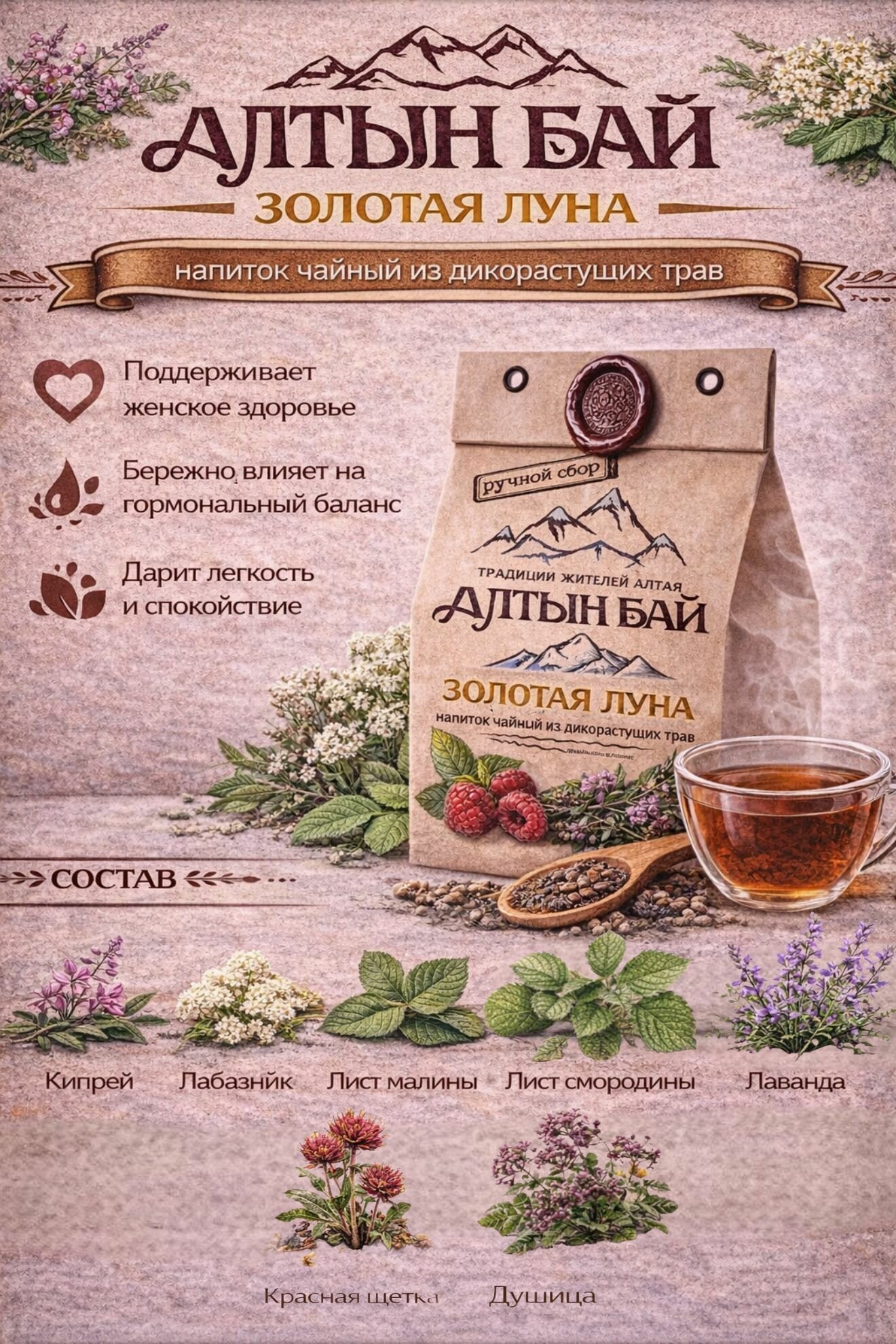 Чайный напиток "Золотая луна", 100 гр, Алтын бай