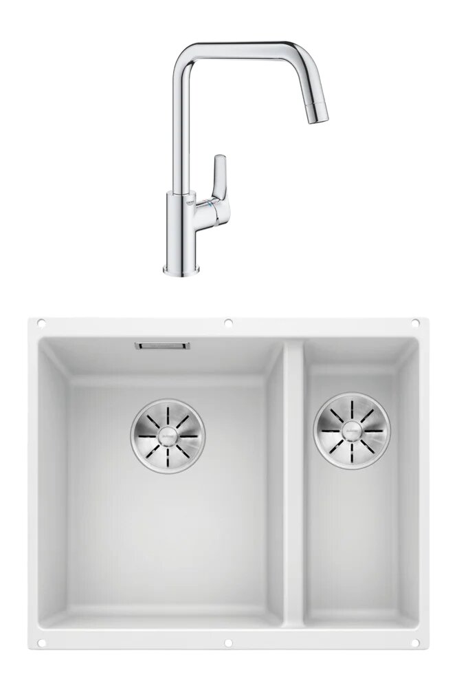 Комплект Мойка Blanco Subline 340/160-U 523552 55x46, белая, искусственный гранит / Смеситель Grohe Eurosmart 30567000 глянцевый хром