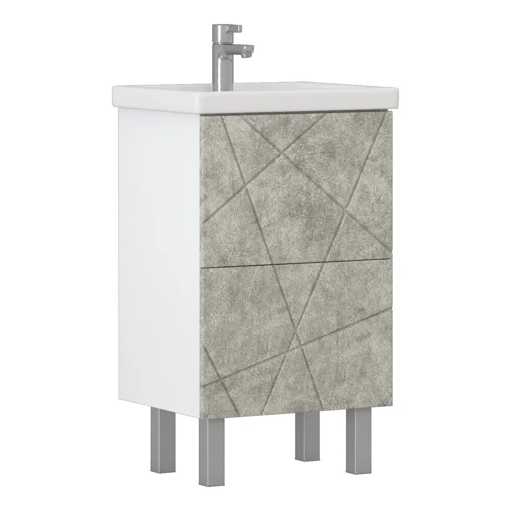 Тумба с раковиной Vigo Geometry 50 50 см, серая, белая, матовая, из МДФ, с ящиками, раковина для ванной, фарфоровая, прямоугольная, встроенный слив-перелив, лофт