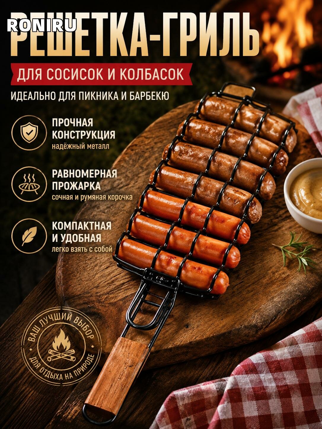 Решетка-гриль для сосисок и колбасок с деревянной ручкой, компактная для пикника и барбекю, прочная металлическая