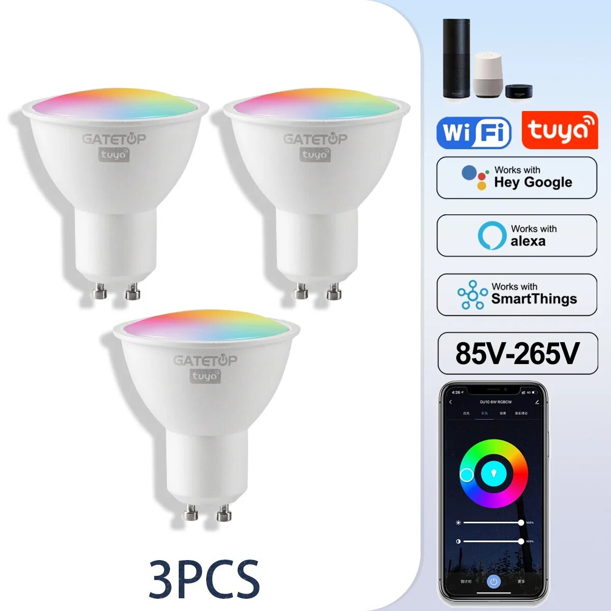 Gatetop RGB Светодиодная лампа GU10 6 Вт Wi-Fi 3pcs