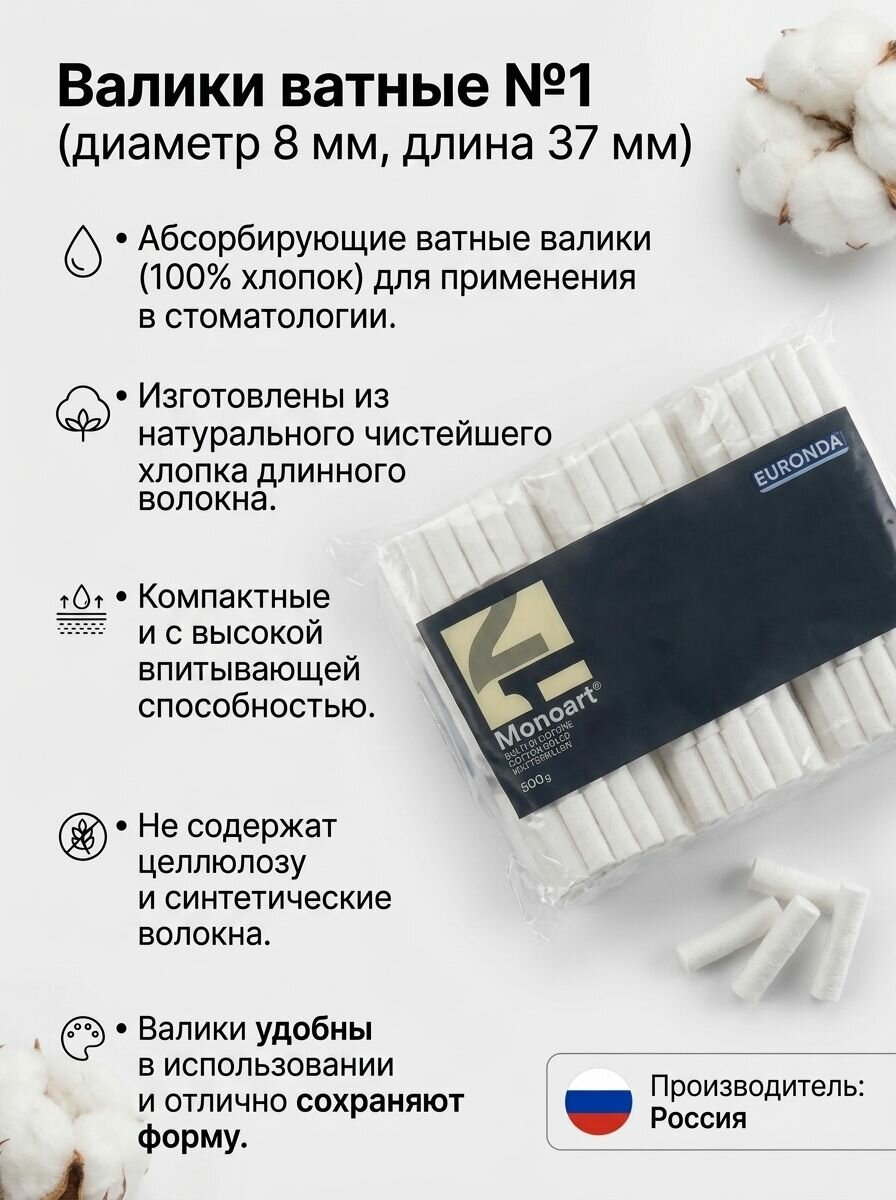 Валики ватные стоматологические Euronda №1, хлопок 100%, диаметр 8 мм, длина 37 мм, 840 шт. (300 г)