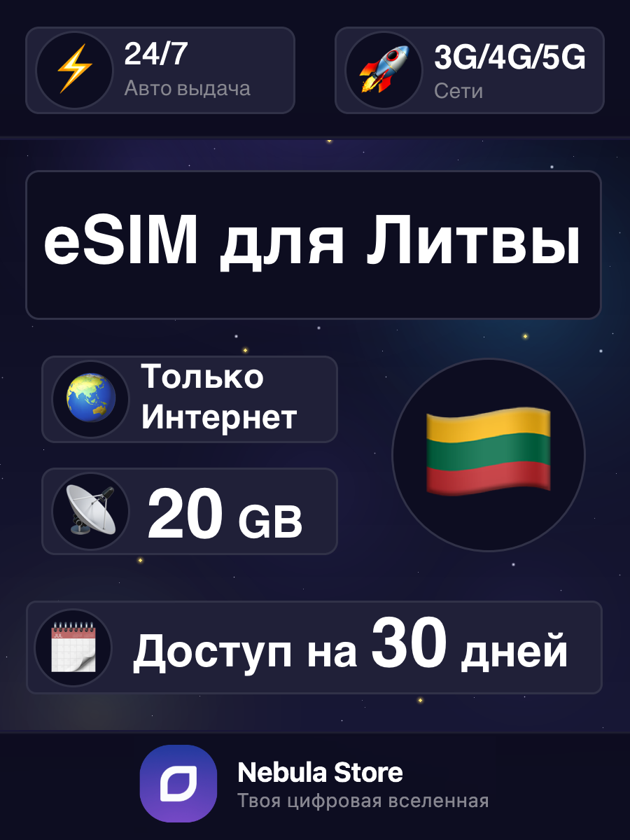ESIM Литва | Интернет | 20 ГБ на 30 дней | 4G, 5G | Для телефона и планшета - автовыдача 24/7