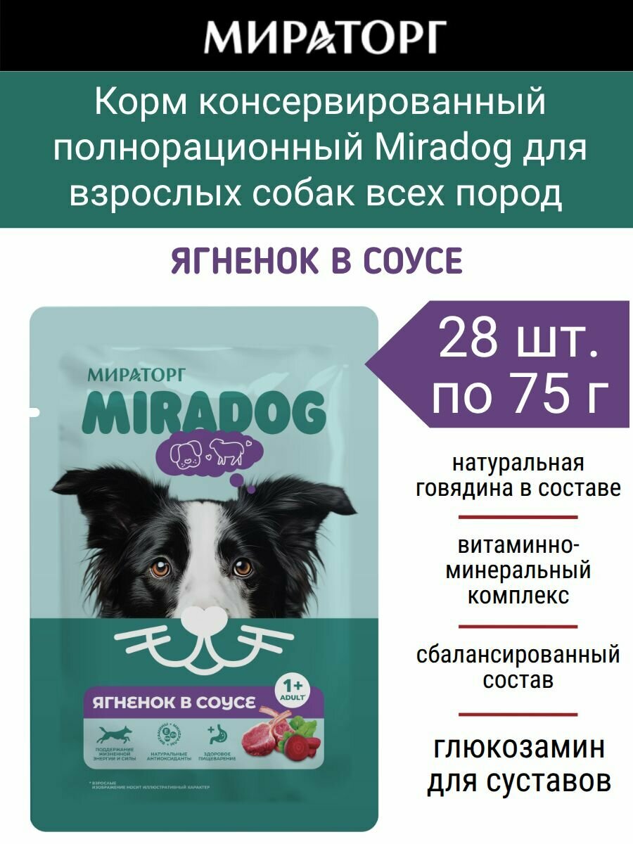 Корм влажный для собак Мираторг Miradog в порционных пакетиках Ягненок в соусе набор 75 г х 28 шт. полнорационный