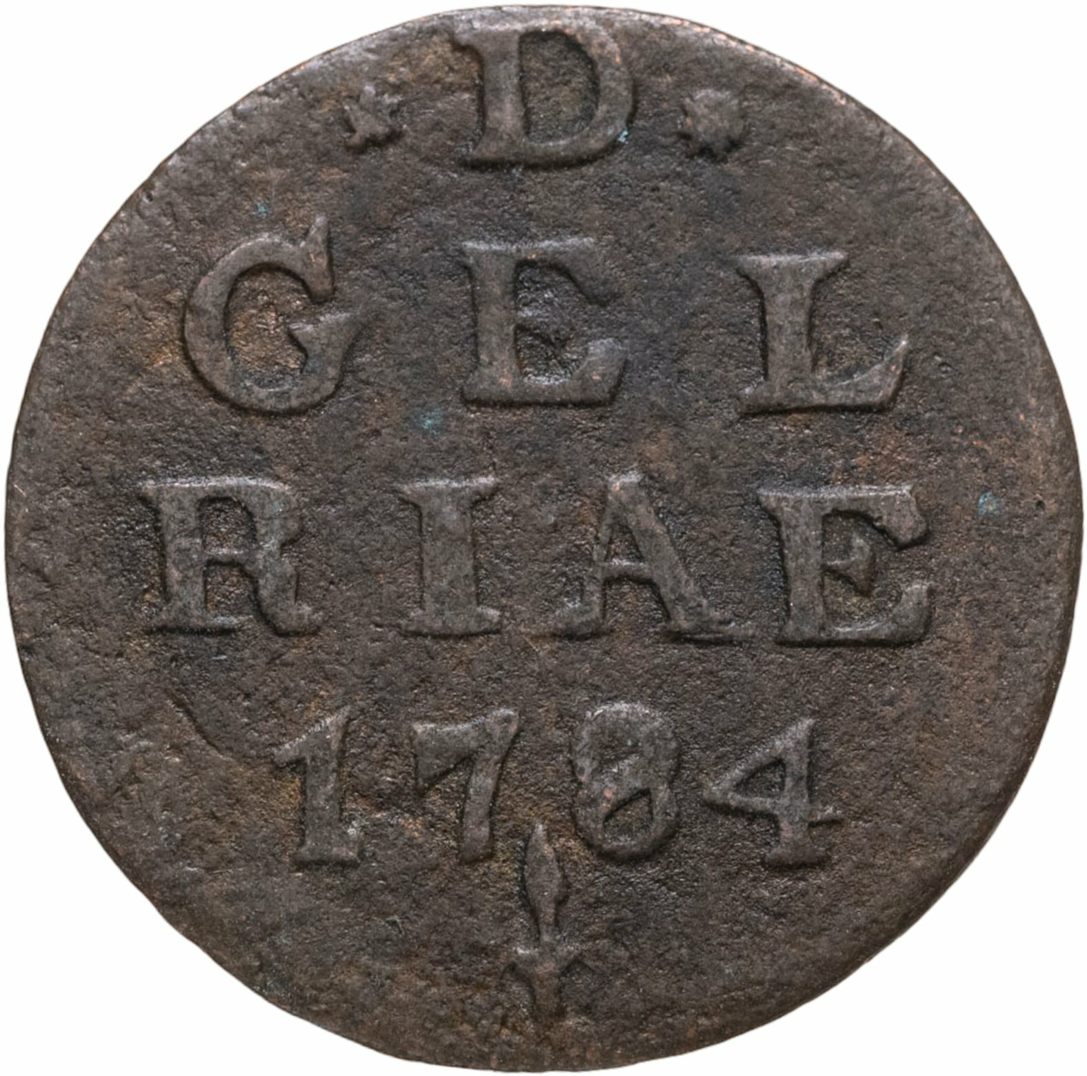 Голландская республика, Гелдерланд 1 дуит 1784, Медь, в сохранности F-VF