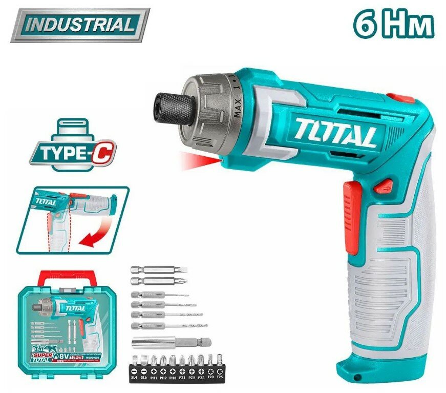 Отвертка аккумуляторная TOTAL TSDLI08025, USB Type-C, в кейсе