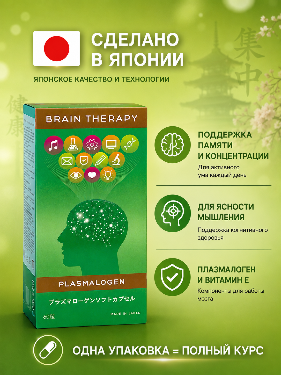 БАД Мозг Терапи, Brain Therapy капс.№60 от деменции, действующее вещество Плазмалоген, восстановление когнитивных функций