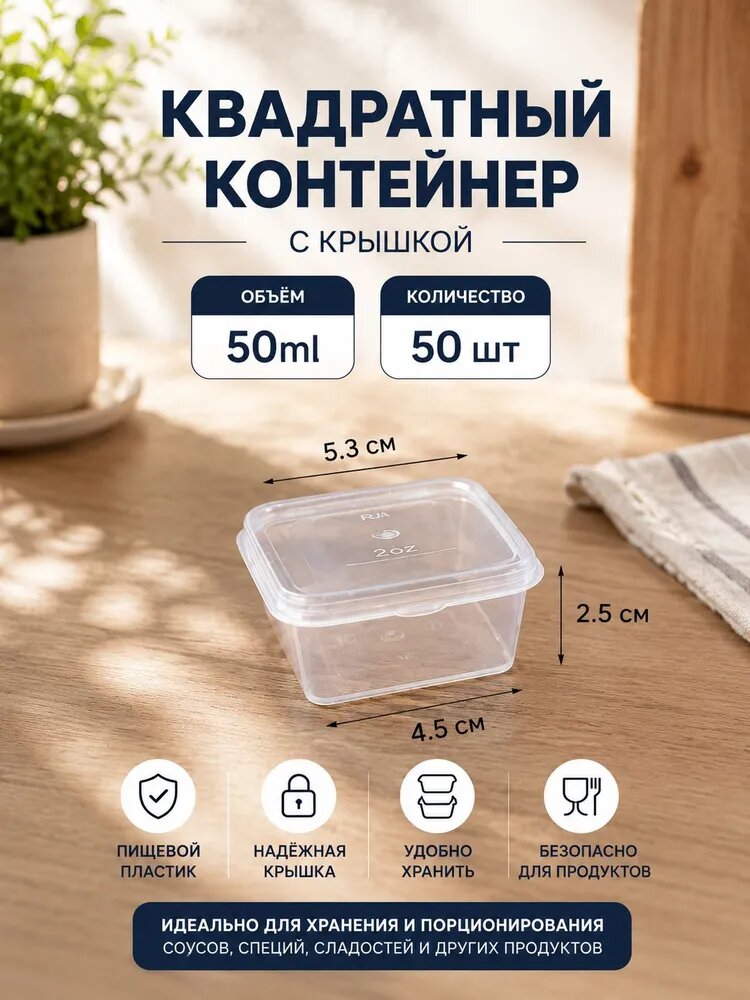 Соусник одноразовый квадратный 50мл, 50 штук, контейнер пищевой пластиковый