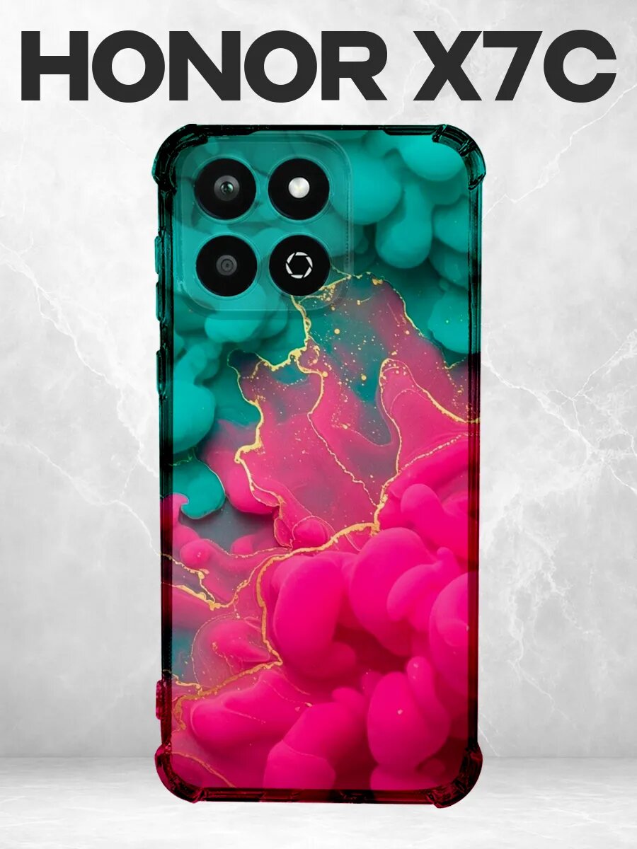 Чехол на Honor X7C мрамор бирюзово-розовый облака