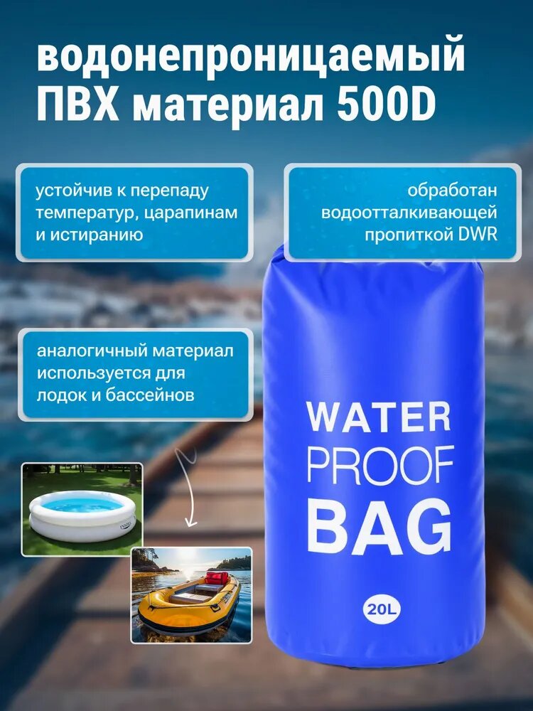 Гермомешок для бега и спорта ПВХ 20л, водонепроницаемый рюкзак с регулируемым ремнем — фото 1
