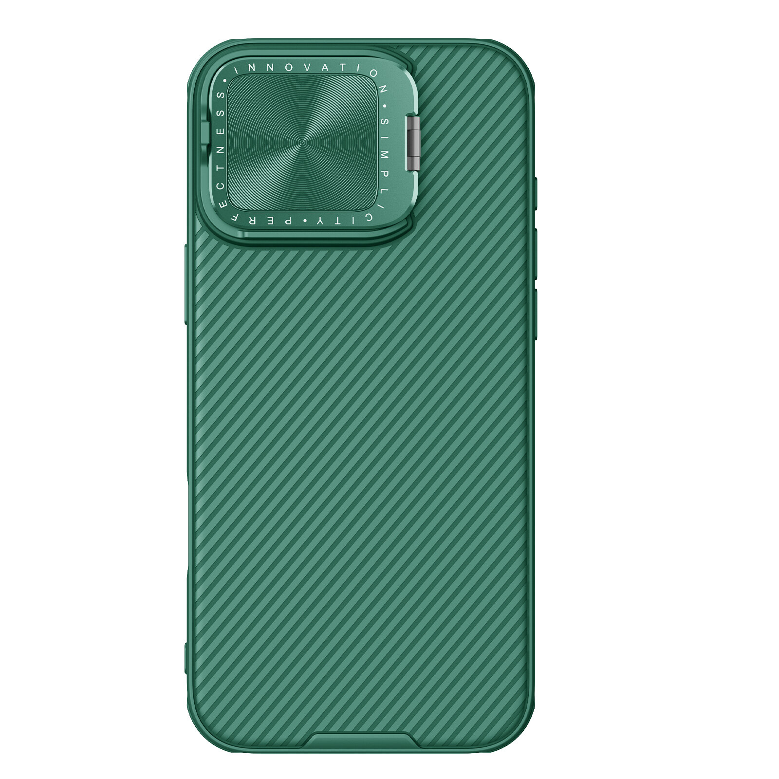Чехол зеленого цвета (Dark Green) с металлической откидной крышкой для камеры от Nillkin на iPhone 16 Pro Max, серия CamShield Prop Case
