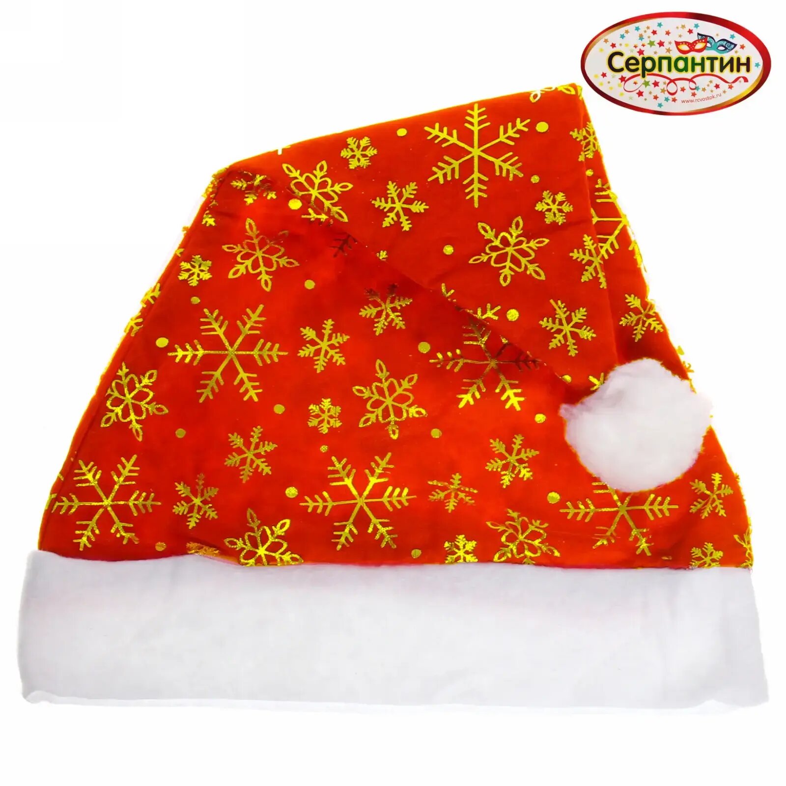 Колпак новогодний «Снежинки» 28*38см, красный, с белым помпоном