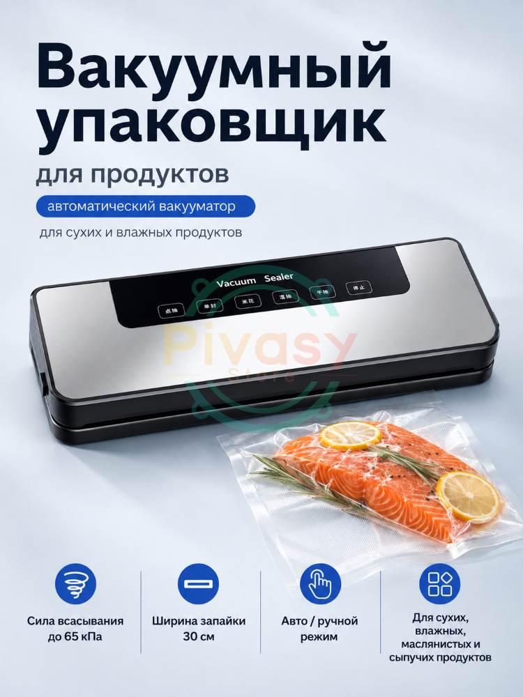 Вакуумный упаковщик, 65 кПа, 3000 об/мин, Сухой / влажный, уплотнение 30 см, для домашнего хранения продуктов питания
