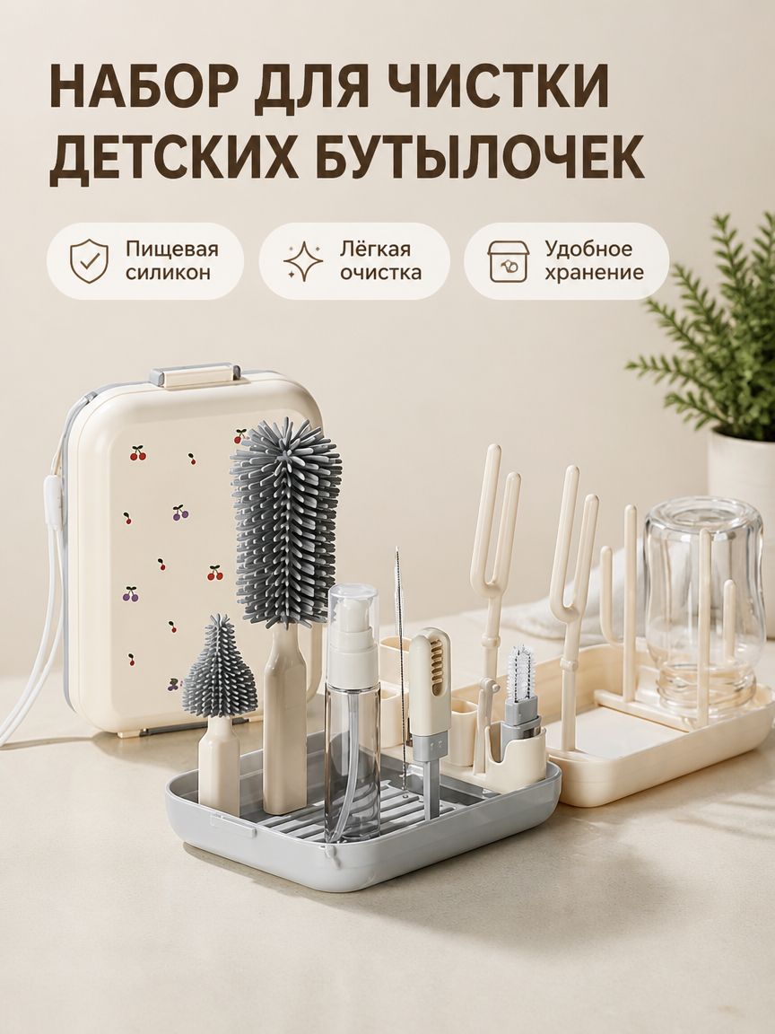 Комплект для чистки бутылочек из 8 предметов: ершики для бутылочек, сосок, трубочек, краёв и щелей + держатель для сушки силиконовый, вишнёвый принт