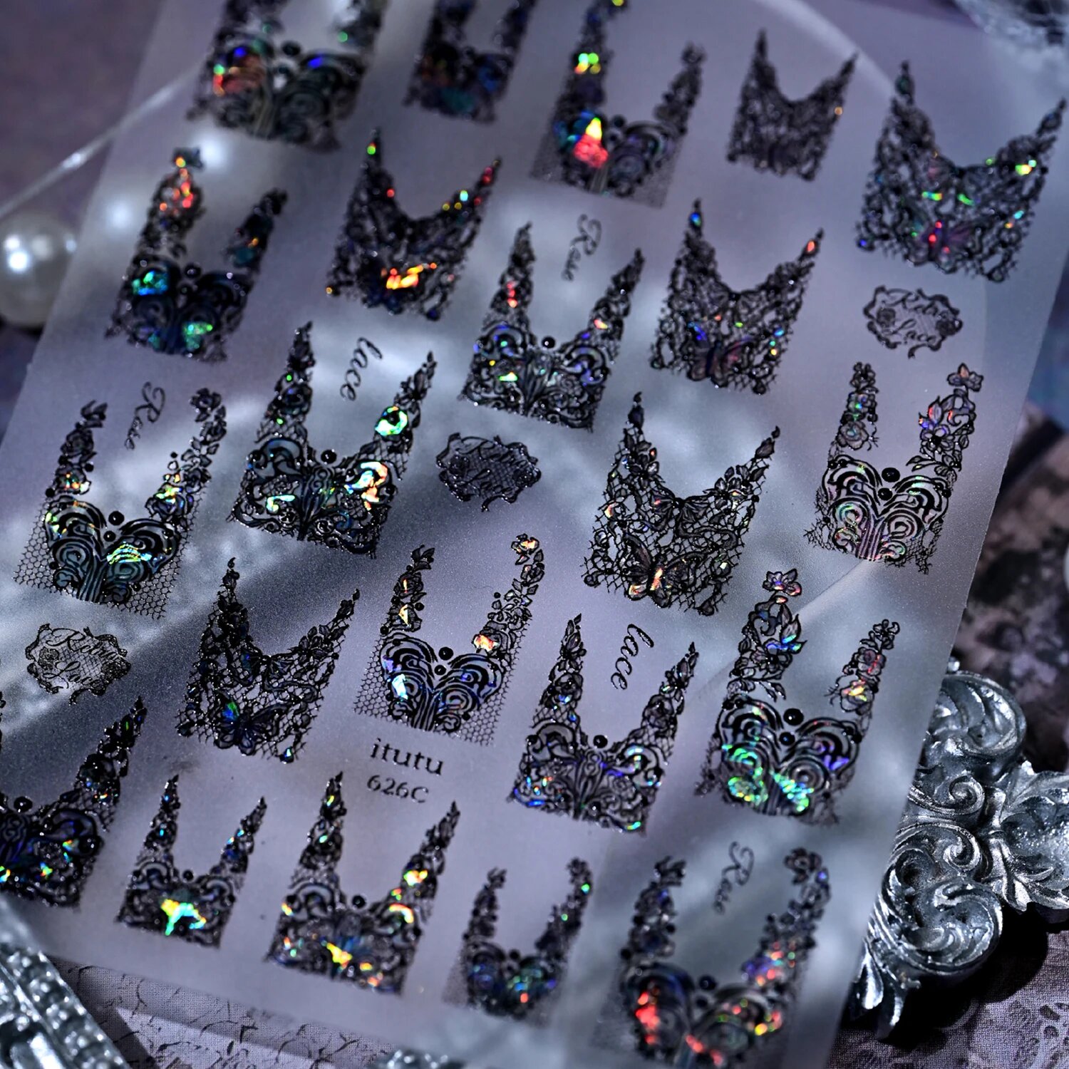 Голографические черные кружевные наклейки для ногтей MAFANAILS 1pcs black